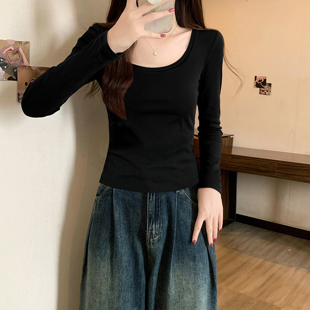 Black U -collar plus velvet bottom shirt female 2024 new autumn and ...