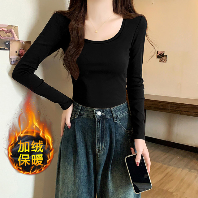 Black U -collar plus velvet bottom shirt female 2024 new autumn and ...