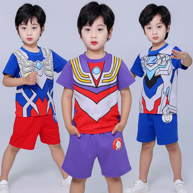 Ultraman clothes boys summer short-sleeved suit boys handsome Spider ...