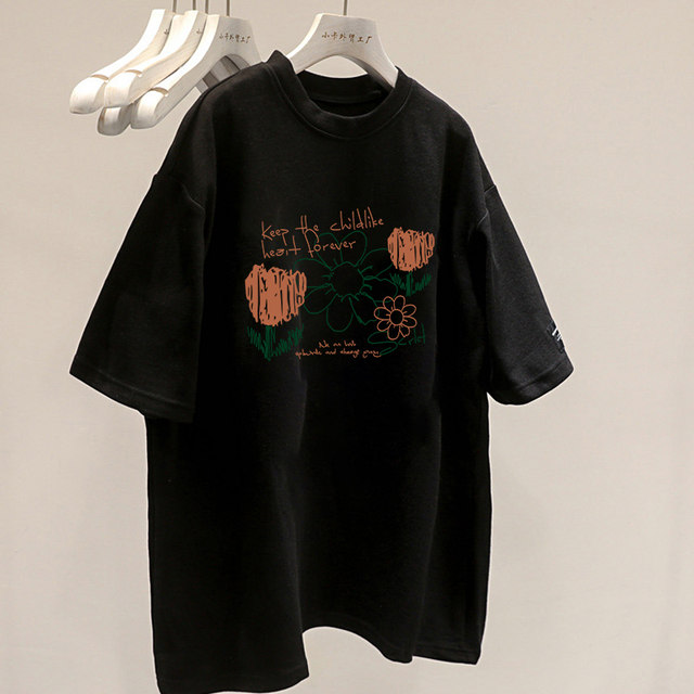 Black cotton short-sleeved T-shirt for women summer loose 2024 new ...