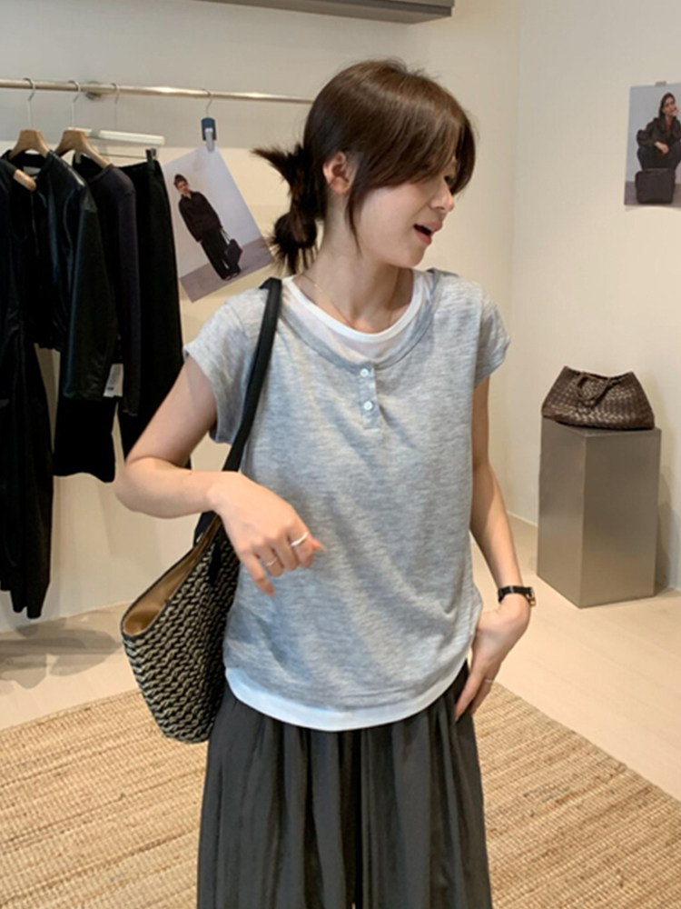 Summer ootd outfit gray round neck short-sleeved T-shirt for women 2025 ...