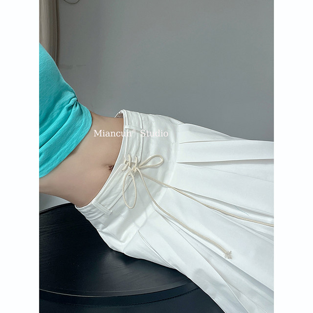 Designer two-color waistband seam midi skirt for women with drawstring ...