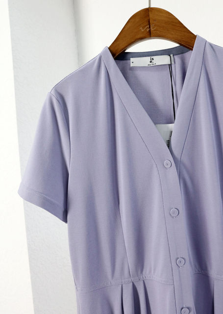 ise brand authentic summer V-neck dress short-sleeved solid color pique ...