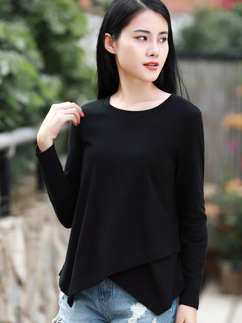 Loose T-shirt women's super hot top design sense irregular long-sleeved ...