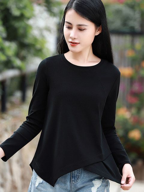 Loose T-shirt women's super hot top design sense irregular long-sleeved ...