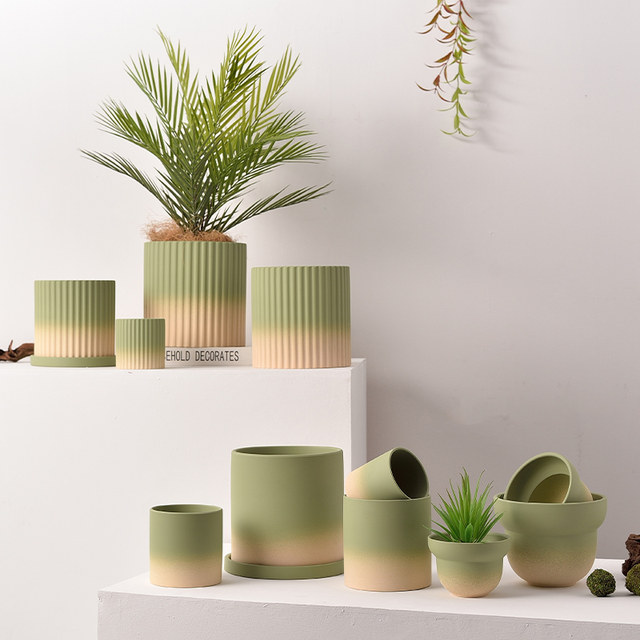 Nordic Gradient Olive Green Ceramic Bisque Flower Pot with Perforated ...