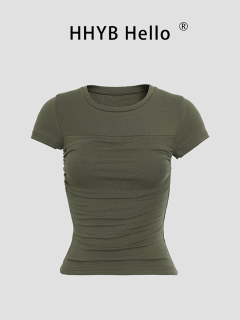 HHYB is fine, double-layer pleated short-sleeved T-shirt 2025 spring ...