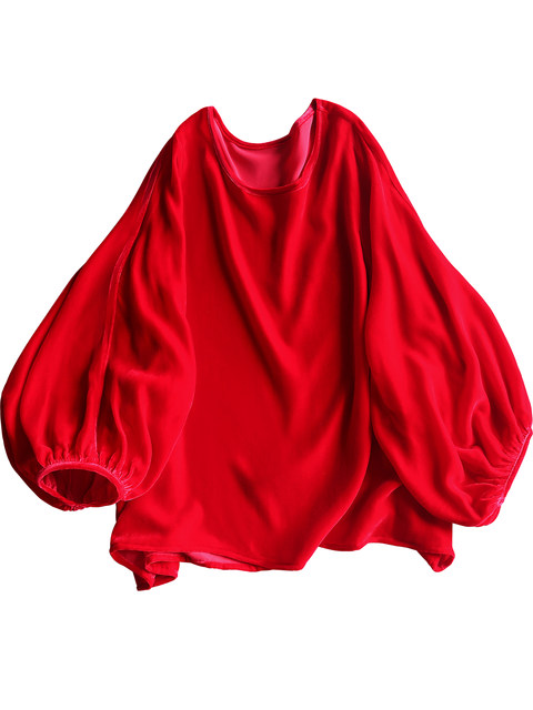 Yunye original velvet French lanterns long sleeves loose round neck red fashion T -shirt top ...