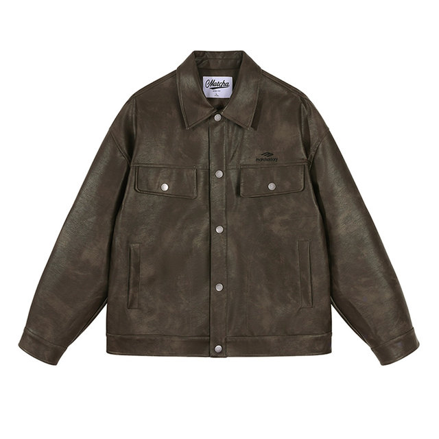 Matcha Story Retro American Lapel Motorcycle Leather Jacket Men's ...