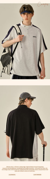Matcha Story Retro Color Matching Stand Collar Short Sleeve POLO Shirt ...