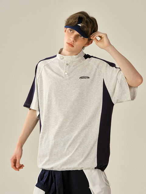 Matcha Story Retro Color-Blocked Stand-Up Collar Short-Sleeved Polo ...