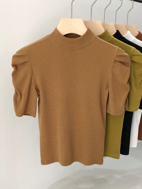 Early spring puff sleeves, mid-sleeved half-high neck T-shirt for women ...
