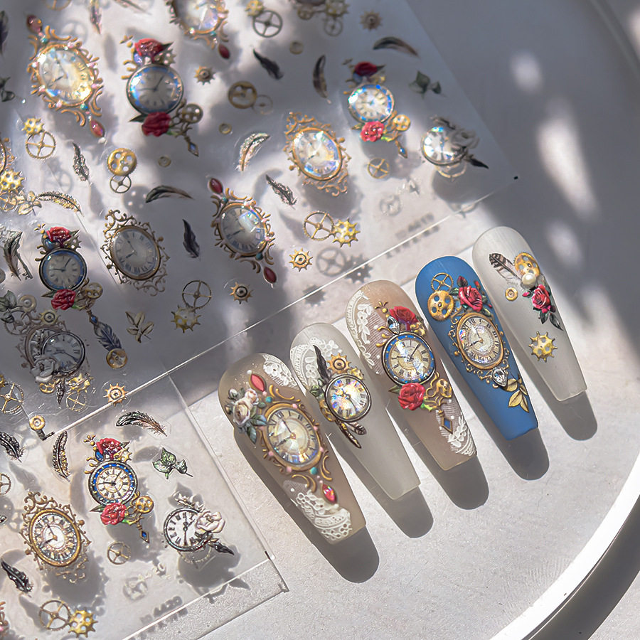Retro Chinese style gear clock nail art sticker tomoni relief 5D ...