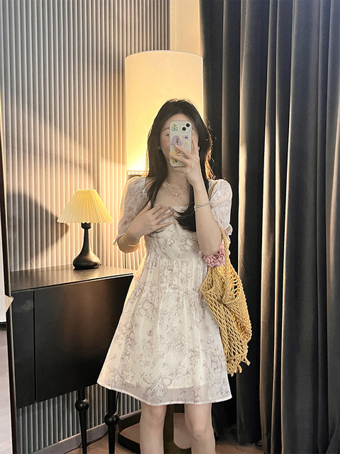 Yisanliangpin small man square collar pink printed dress short skirt ...