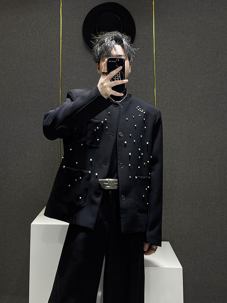 Niche high-end diamond-inlaid pearl round neck jacket for boys loose ...