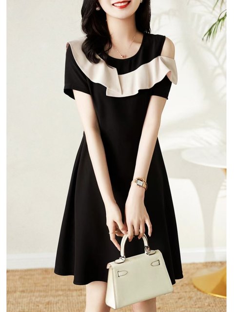 Ruffled one-sided off-shoulder dress summer temperament contrast color ...