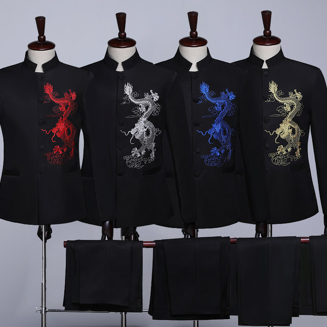 Embroidery stand collar Chinese tunic suit performance clothing men's ...