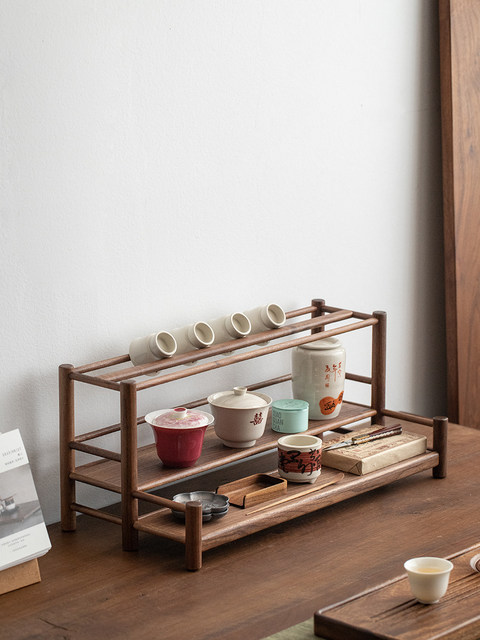 Black walnut household tea cup tea set storage rack modern simple solid ...