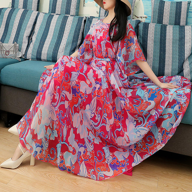 Summer new holiday dress chiffon chiffon floral fat mm large size loose ...