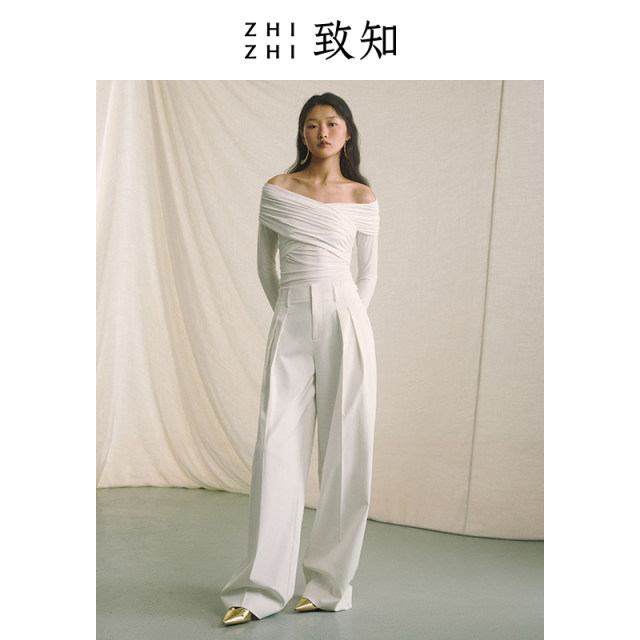 ZHIZHI Frosty Moon one-shoulder T-shirt for women 2024 summer new long-sleeved slim chic sexy black