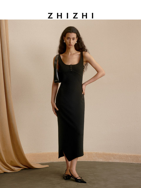 Zhizhi ZHIZHI Super Side Square Collar Knitted Dress for Women 2024 Autumn Exquisite Slim Dopamine