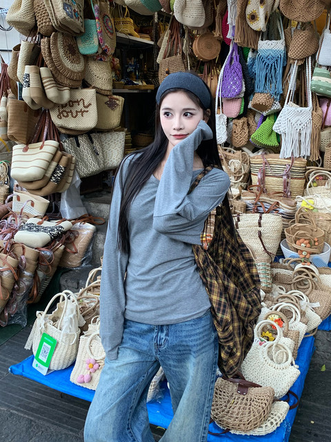 3MER Oh, the three girls Korean lazy V-neck slim long-sleeved T-shirt for women 2025 spring ...