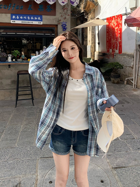 3MER Oh, three girls contrasting color plaid long-sleeved shirt 2025 spring new retro plaid ...
