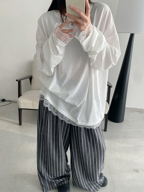 sun yuzu single wear inside with small handmade lace splicing mid-length round neck loose white ...