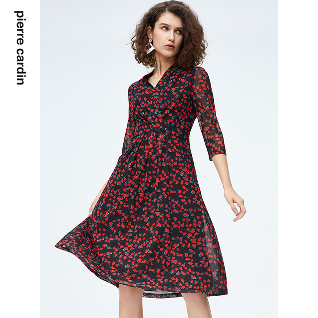 Pilkan Women's Dress Spring and Summer Red Flower Mid -length Light ...