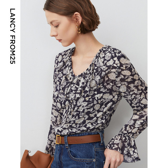 Langzi retro French ruffled V -neck design sense commute shirt female ...
