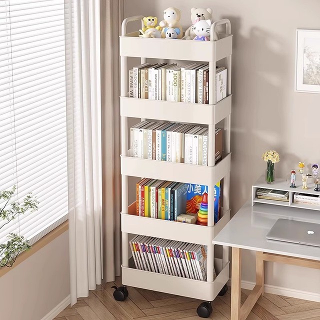 Bookshelf trolley storage rack bookcase with wheels floor-standing ...