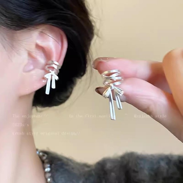 Ballet style bow ribbon ear bone clip for women without pierced ears ...