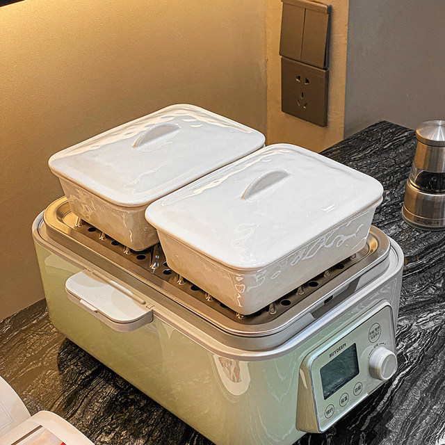 Steaming bowl with lid, household ceramic rectangular deep plate ...