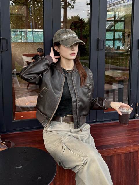 Xfx American Retro Short Loose Leather Jacket for Women, Autumn Casual ...