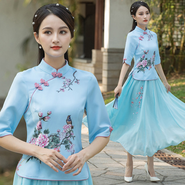Ethnic style suit women's retro Hanfu improved cheongsam tea suit women ...