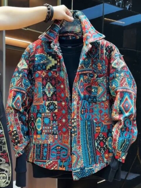 Autumn new style ethnic style jacquard yarn-dyed jacket men's lapel ...