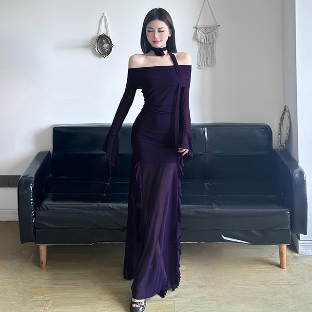 HEYOUNGIRL Tipsy Rose Ruffle Slit One Shoulder Long Sleeve Dress Yujie ...