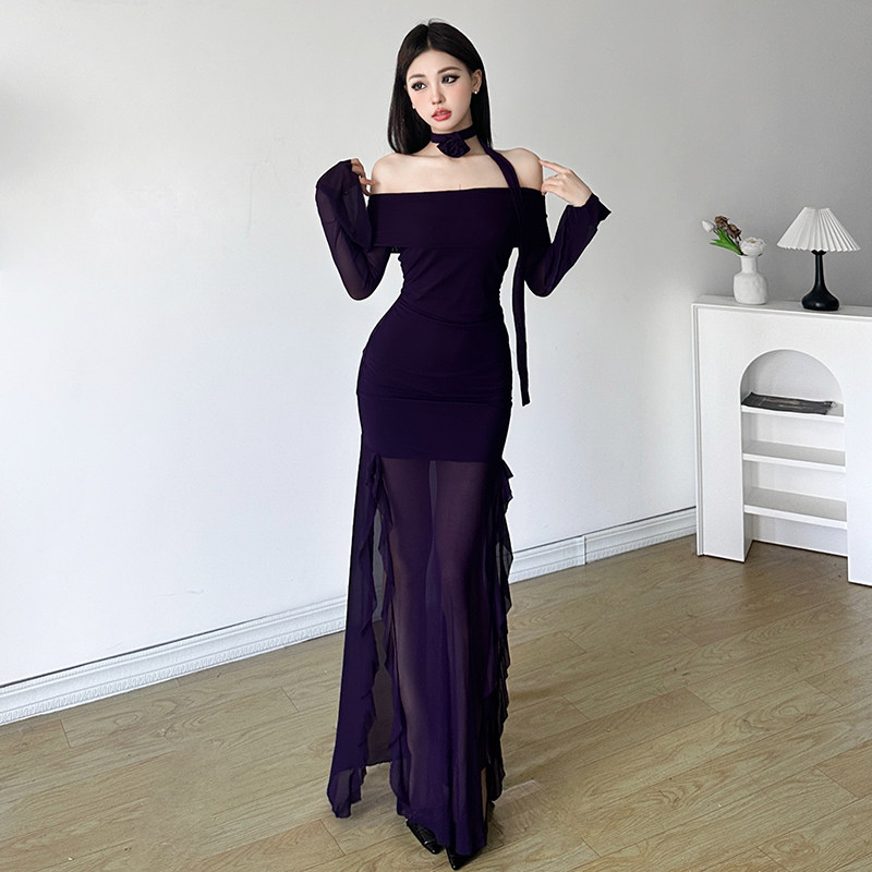 HEYOUNGIRL Tipsy Rose Ruffle Slit One Shoulder Long Sleeve Dress Yujie ...