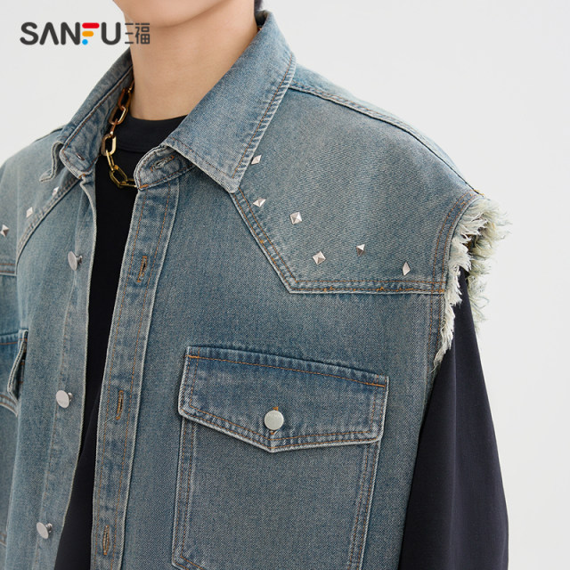 Sanfu 2024 Autumn Men's Metal Stud Denim Vest Rock Loose Lapel ...
