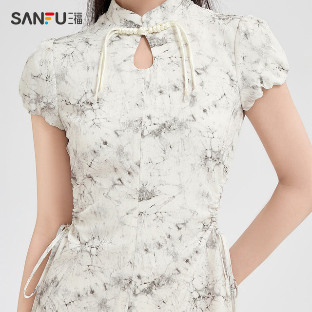 Sanfu Dress 2024 Summer Drawstring Side Hollow Waist Stand Collar New ...