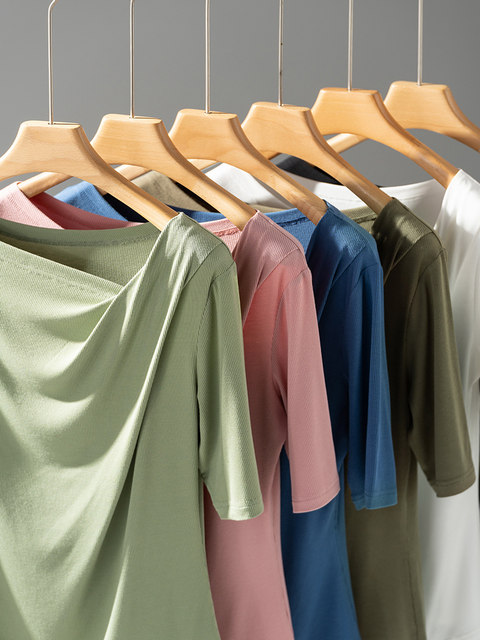 Elegant French one-line swag collar mulberry silk no-iron ribbed short ...