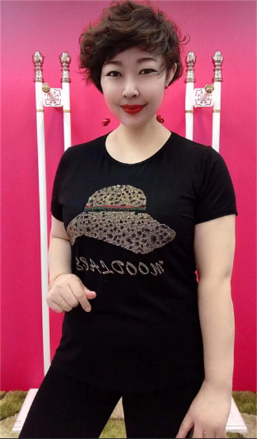 Summer short-sleeved round neck perm diamond T-shirt for middle-aged ...