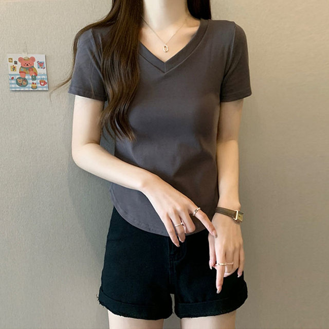 2023 spring and summer new trendy ins short T-shirt solid color slim ...