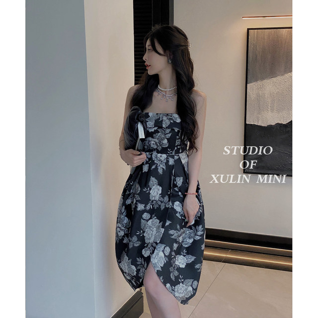 Xu Lin mini rose printed black suspender dress summer women's new style ...