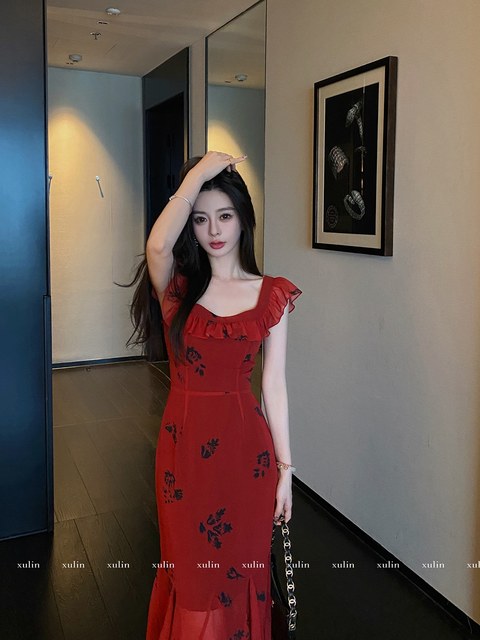 MINI STUDIO Xu Lin Kamen style slim ruffled rose red dress