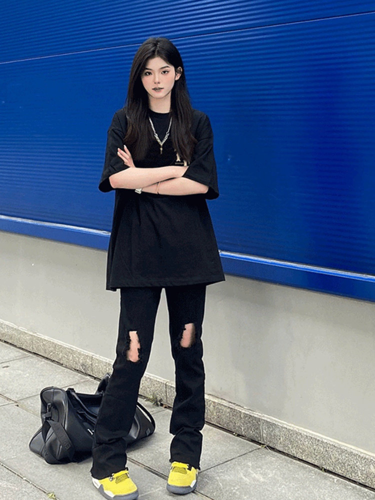 Heavy black trendy brand summer women's T-shirt oversize couple wear ...