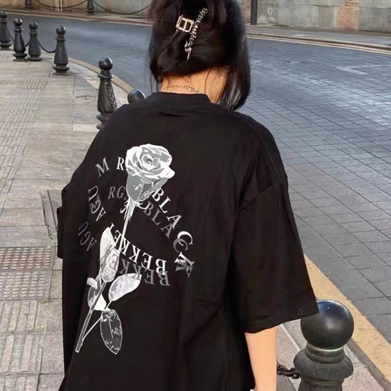Rose cotton short -sleeved T -shirt female loose American retro summer ...