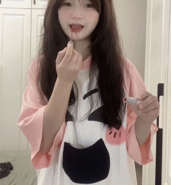 Cute and sweet pocket design pink raglan short-sleeved T-shirt for ...