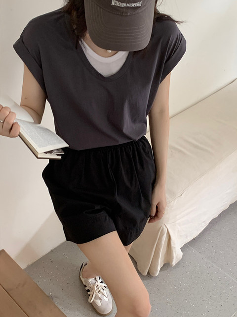 Runxi runxi3912-5 summer new contrast color fake two-piece U-neck vest top sweet and cool ...