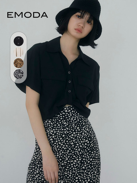 EMODA shirt 2023 autumn new short-sleeved lapel workwear style casual waist-removing top
